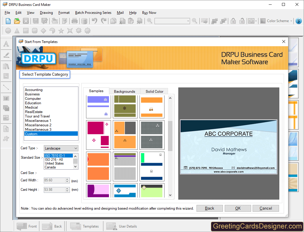 Screenshots of business cards designing software to make corporate cards