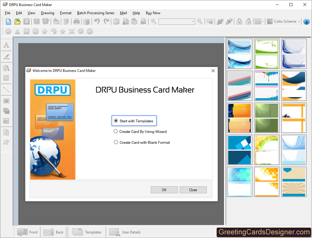Screenshots of business cards designing software to make corporate cards